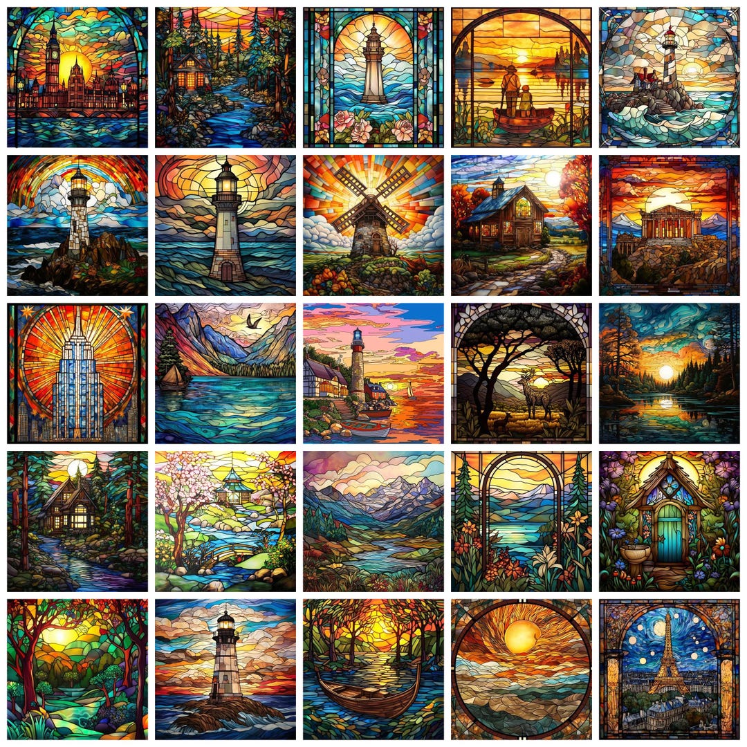 Vivid Landscape Stained Glass Window Film - Scenic Nature & Lighthouse ...