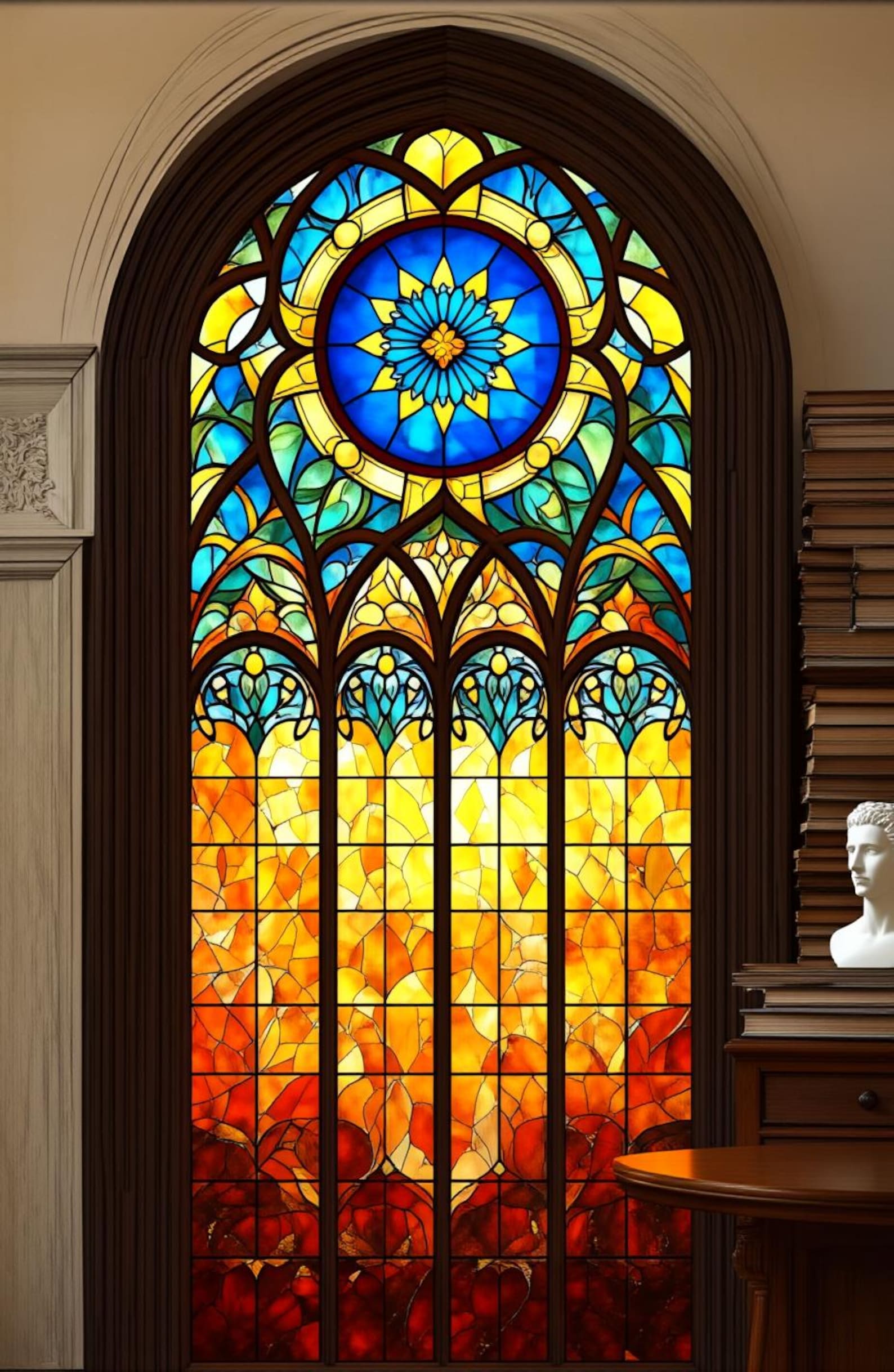 Cathedral Arched Stained Glass Window Film – Sunrise Blue and Amber ...