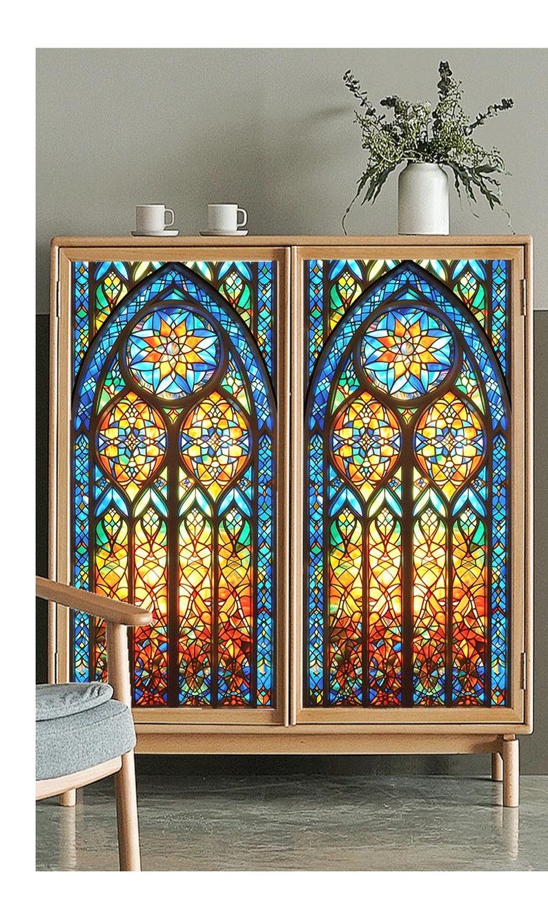 Custom Cathedral Stained Glass Window Film, Vibrant Gothic Arches ...