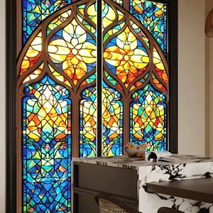 Custom Cathedral Stained Glass Window Film, Vibrant Gothic Arches ...