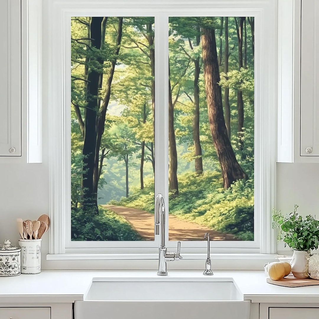 Custom Scenic Forest Stained Glass Window Film – Frosted Privacy ...