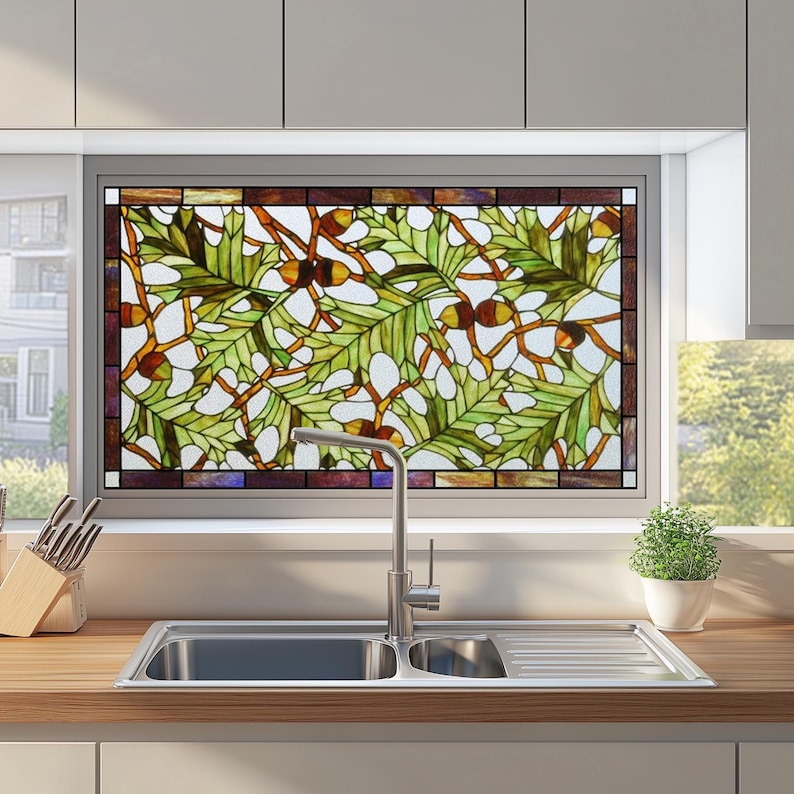 Stained Glass Window Film – Nature-inspired Leaf and Acorn Design for ...