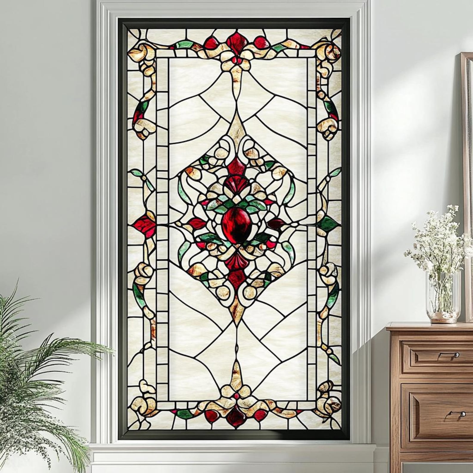 Stained Glass Window Privacy Film – Red Jewel Victorian Design | Custom ...