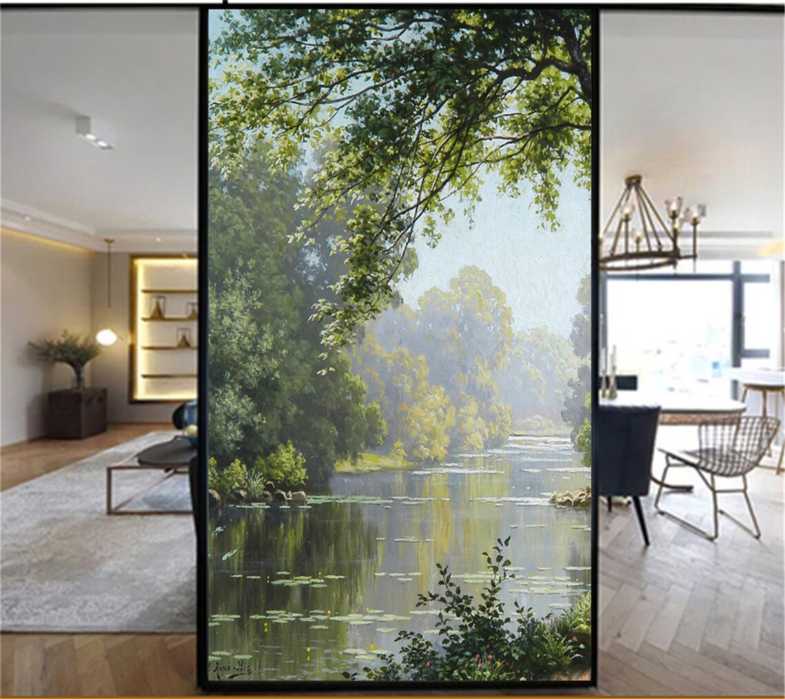 Custom Size Privacy Windows Film Decorative Forest Creek Painting ...