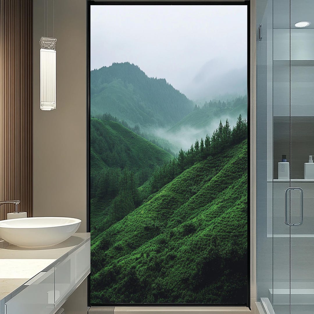 Misty Mountain Green Landscape Window Film, Nature-inspired Privacy ...