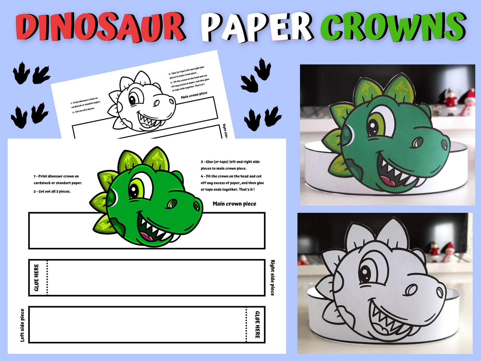 Dinosaur Paper Crown for Kids, Dinosaur Party Hats Printable, Dinosaur ...