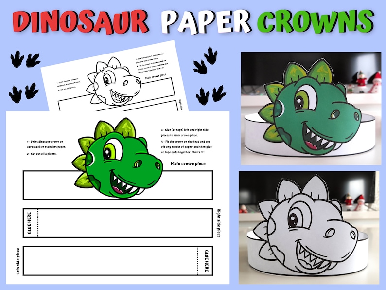 Dinosaur Paper Crown for Kids, Dinosaur Party Hats Printable, Dinosaur ...