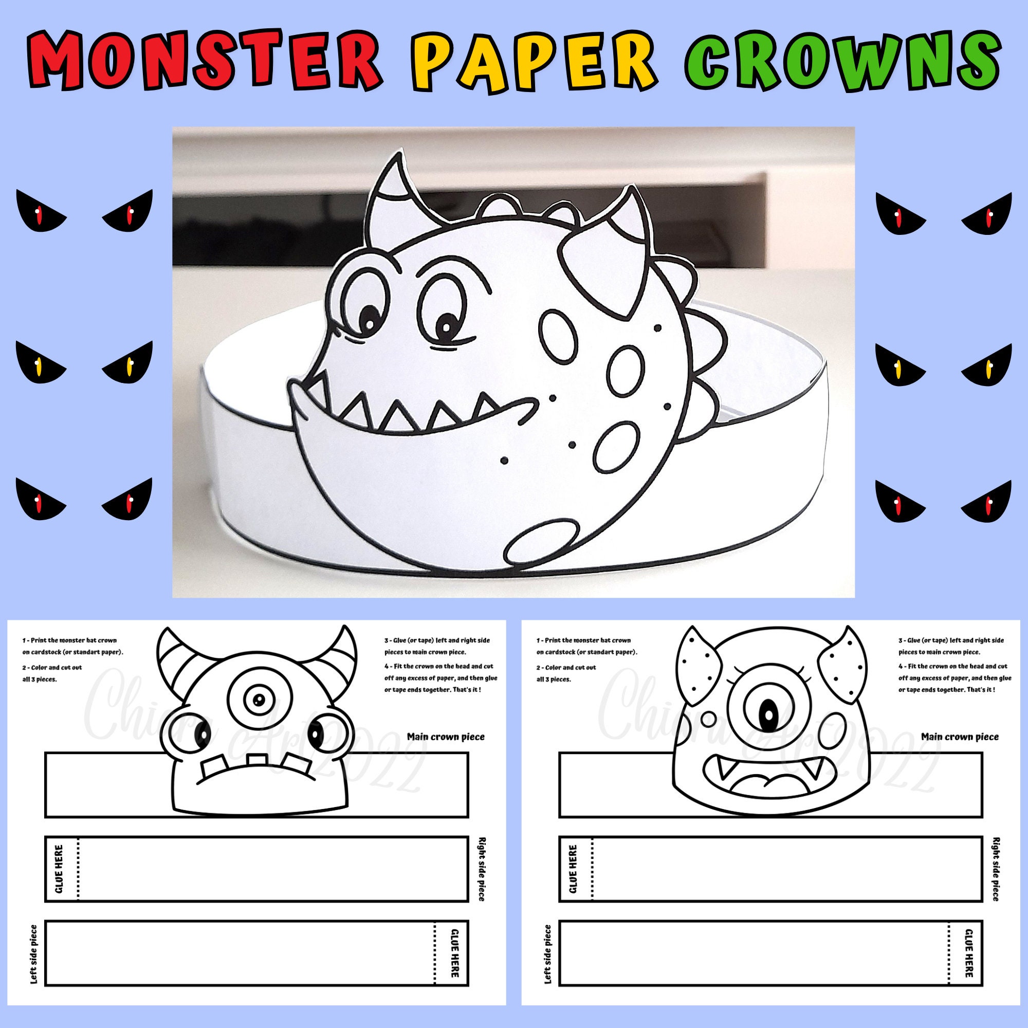 Monster Paper Crowns for Preschool and Up, Monster Birthday Party ...