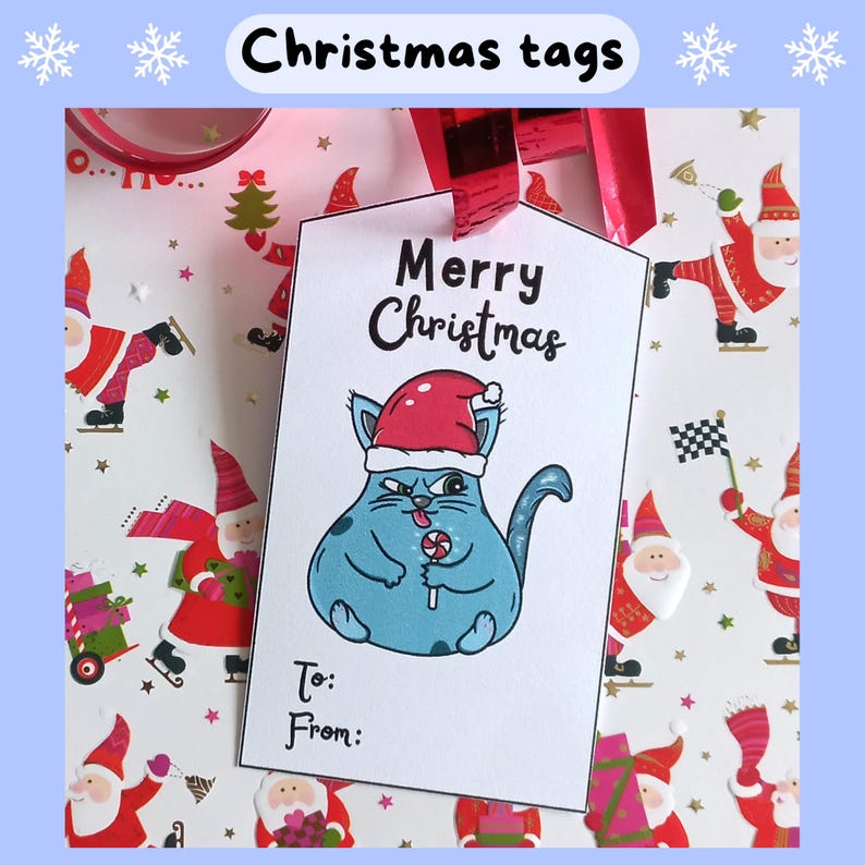 Christmas Cat Gift Tags Printable, Cute Cat Christmas Tag Downloadable ...