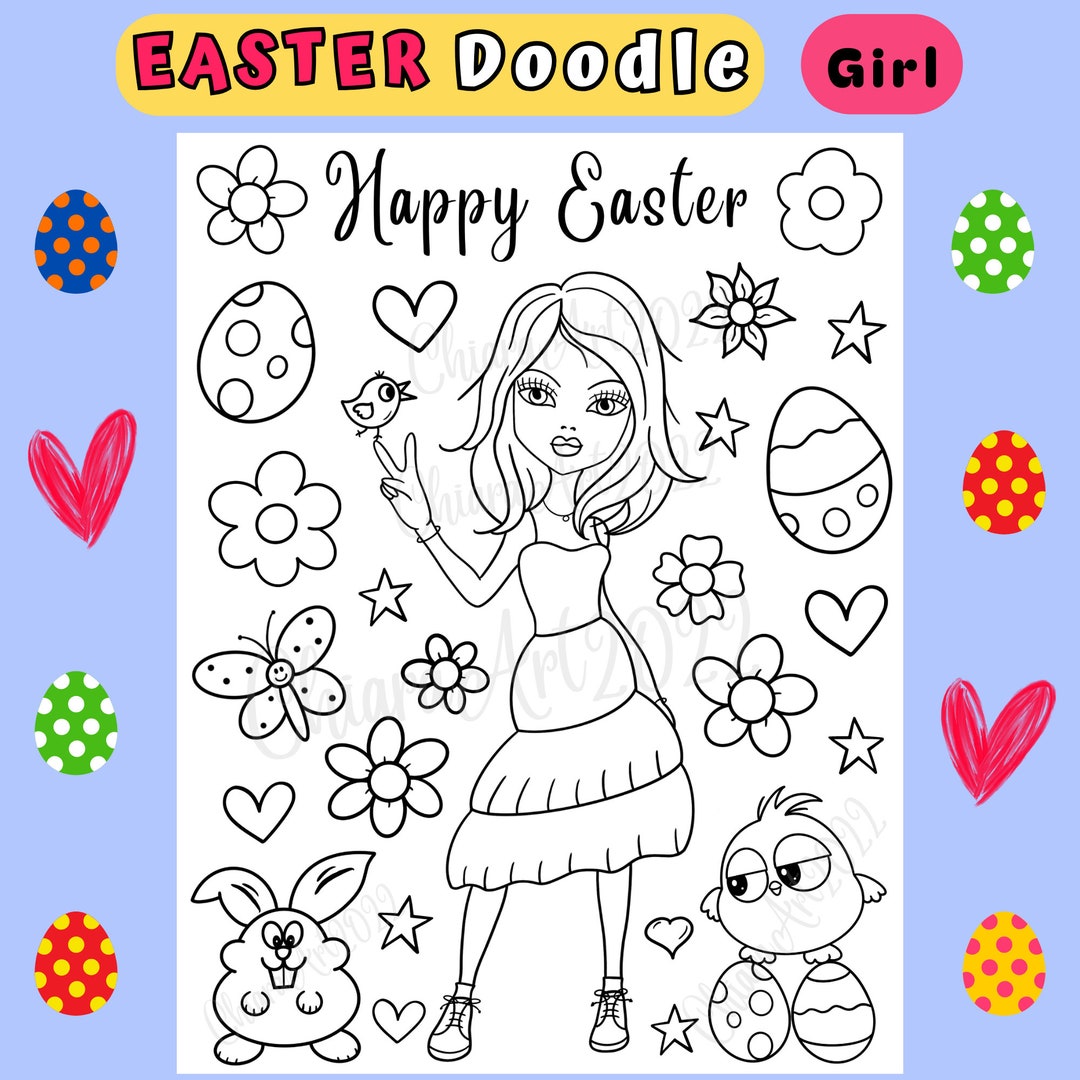 Easter Doodle Coloring Page Printable, Cute Easter Girl Coloring Page ...