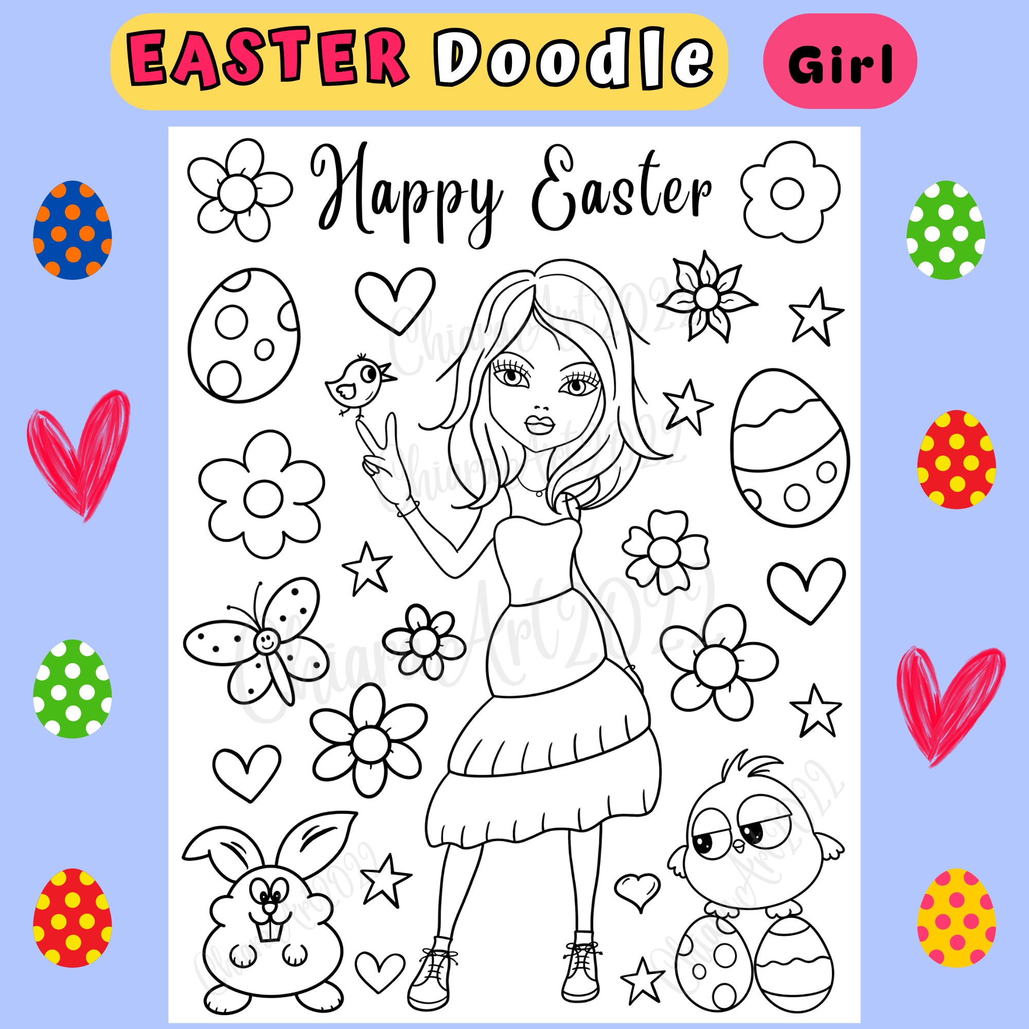 Easter Doodle Coloring Page Printable, Cute Easter Girl Coloring Page ...