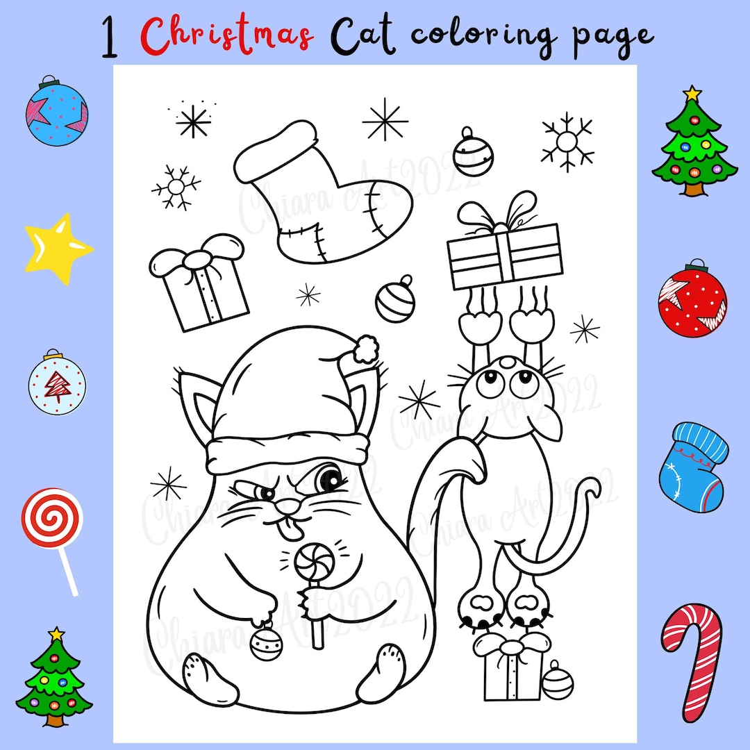 Christmas Cat Coloring Page Printable, Fun Holiday Cat Coloring Sheet ...