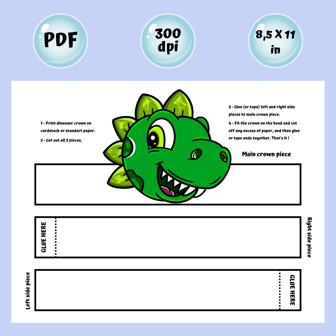 Dinosaur Paper Crown for Kids, Dinosaur Party Hats Printable, Dinosaur ...