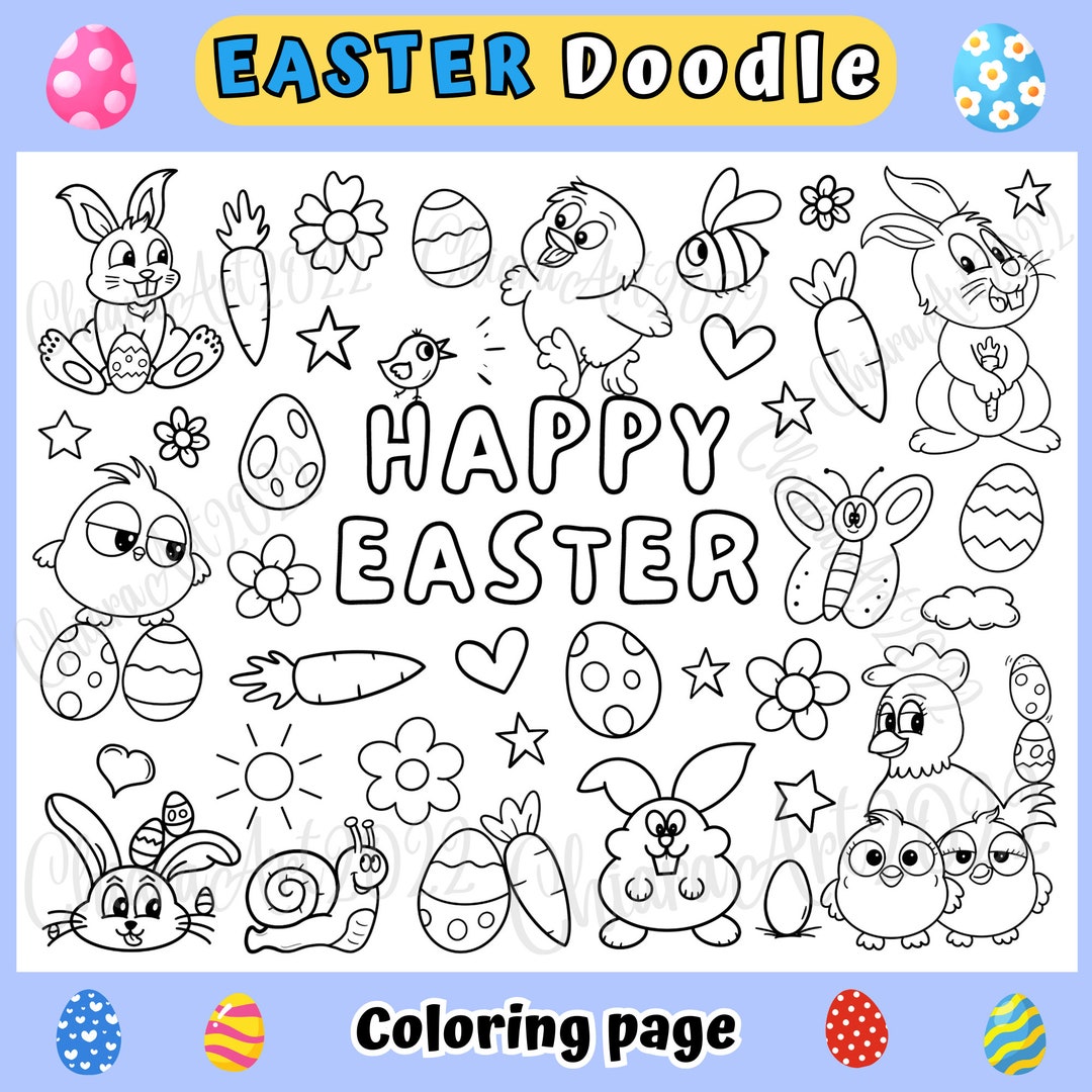 Happy Easter Coloring Page for Kids Printable, Cute Easter Doodle ...
