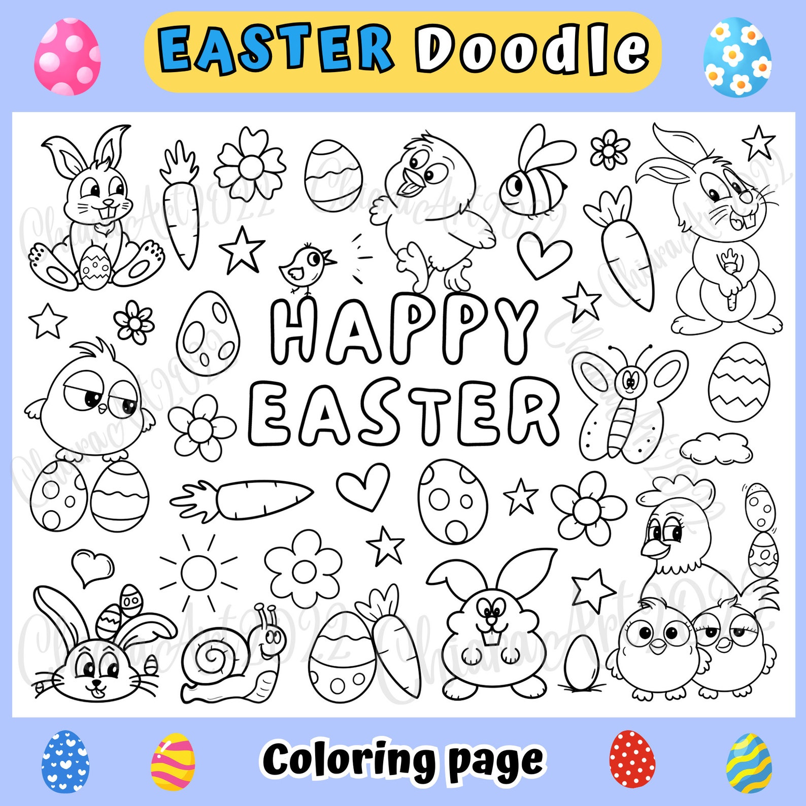 Happy Easter Coloring Page for Kids Printable, Cute Easter Doodle ...
