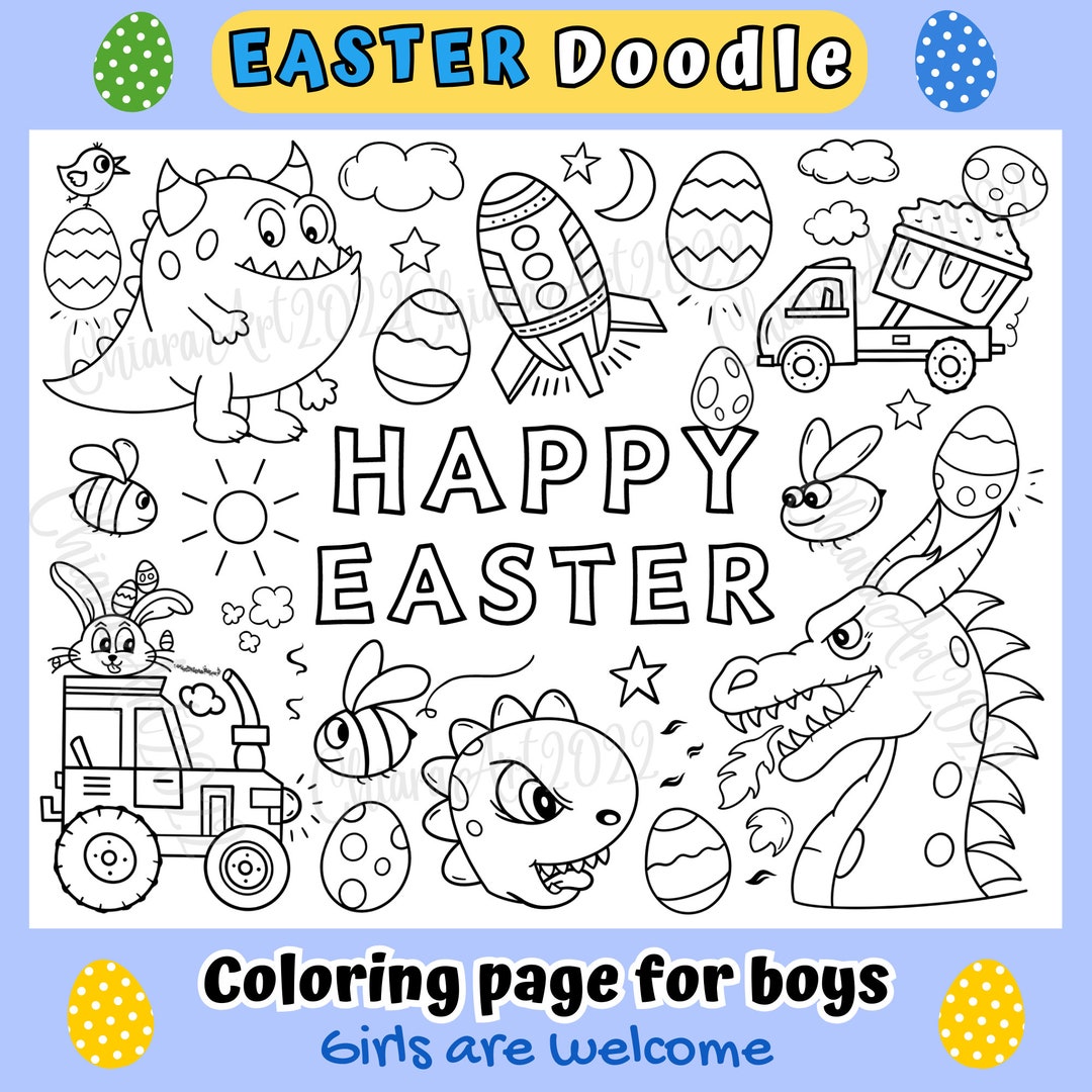 Happy Easter Coloring Page for Boys Girls Printable, Easter Doodle ...