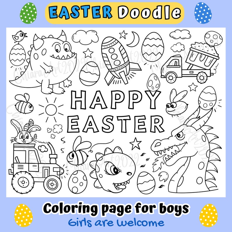 Happy Easter Coloring Page for Boys Girls Printable, Easter Doodle ...