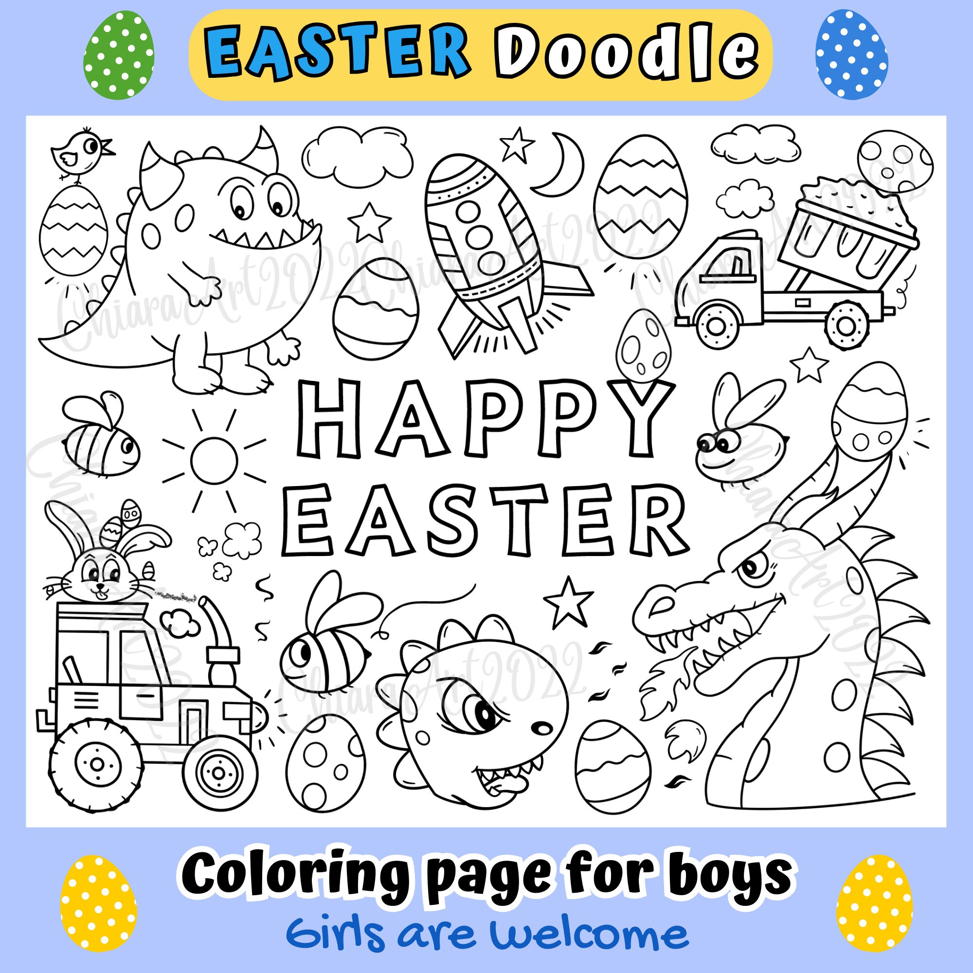 Happy Easter Coloring Page for Boys Girls Printable, Easter Doodle ...