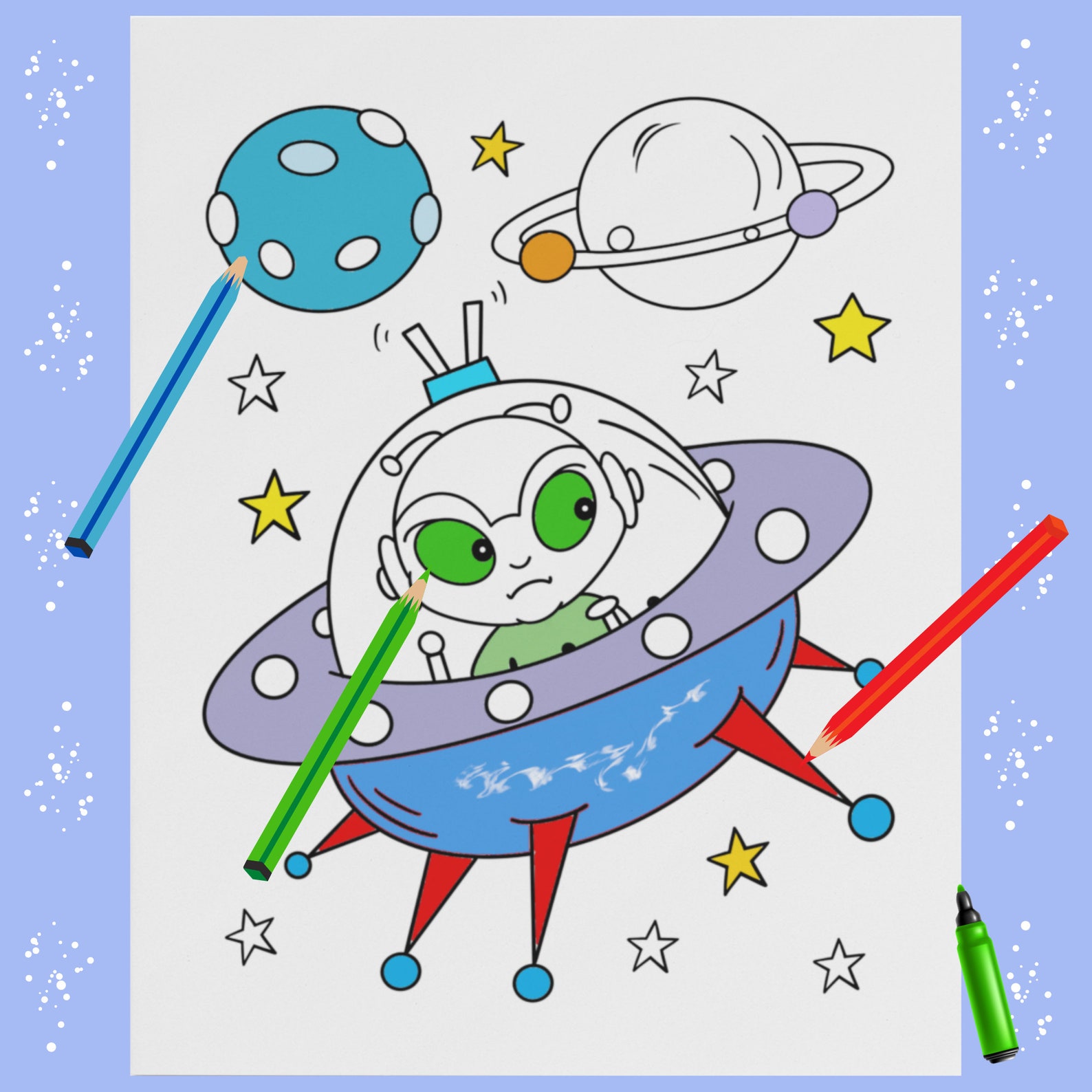 Alien Coloring Pages for Kids, Cute Alien Coloring Sheet Printable, UFO ...