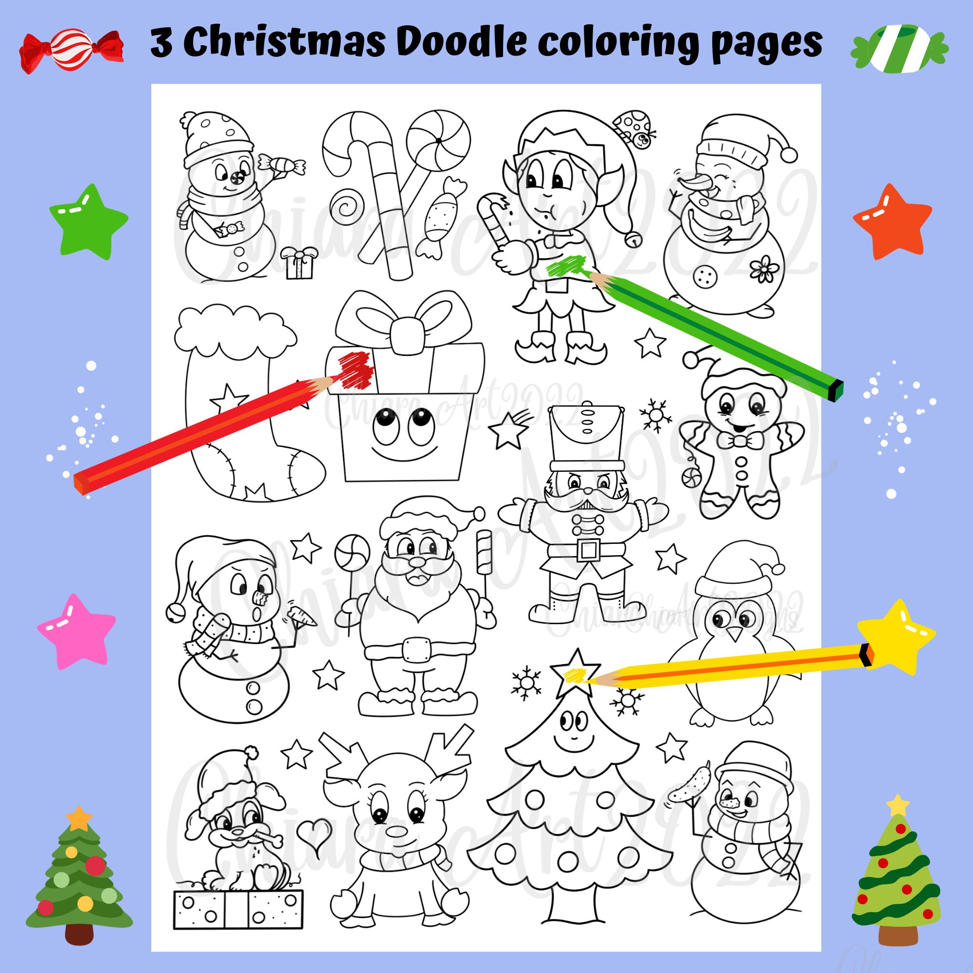 Easy Christmas Doodle Coloring Pages for Kids and Adults Cute - Etsy
