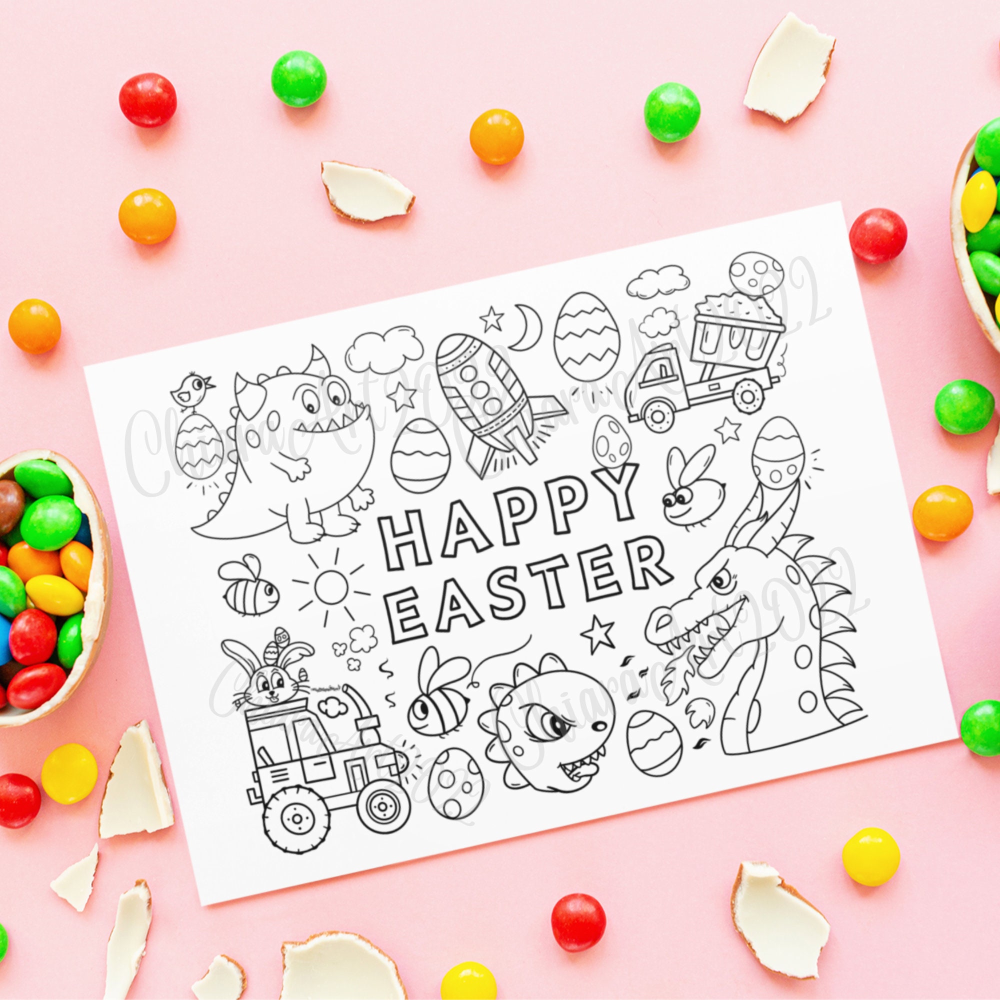 Happy Easter Coloring Page for Boys Girls Printable, Easter Doodle ...