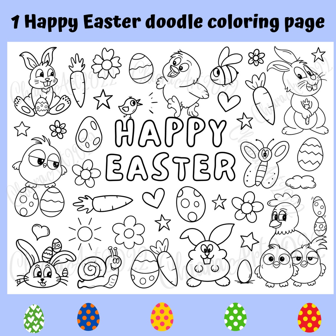 Happy Easter Coloring Page for Kids Printable, Cute Easter Doodle ...