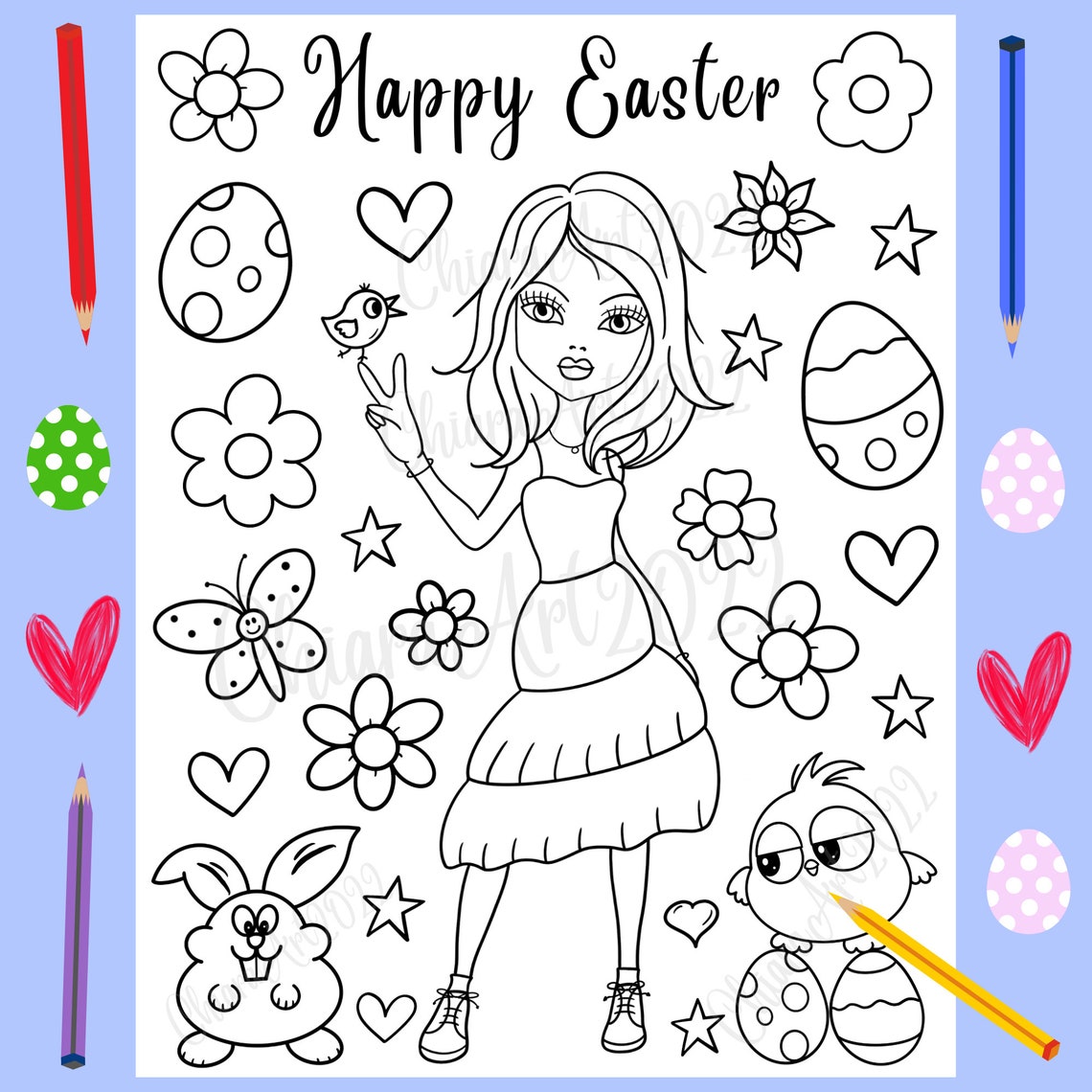 Easter Doodle Coloring Page Printable, Cute Easter Girl Coloring Page ...