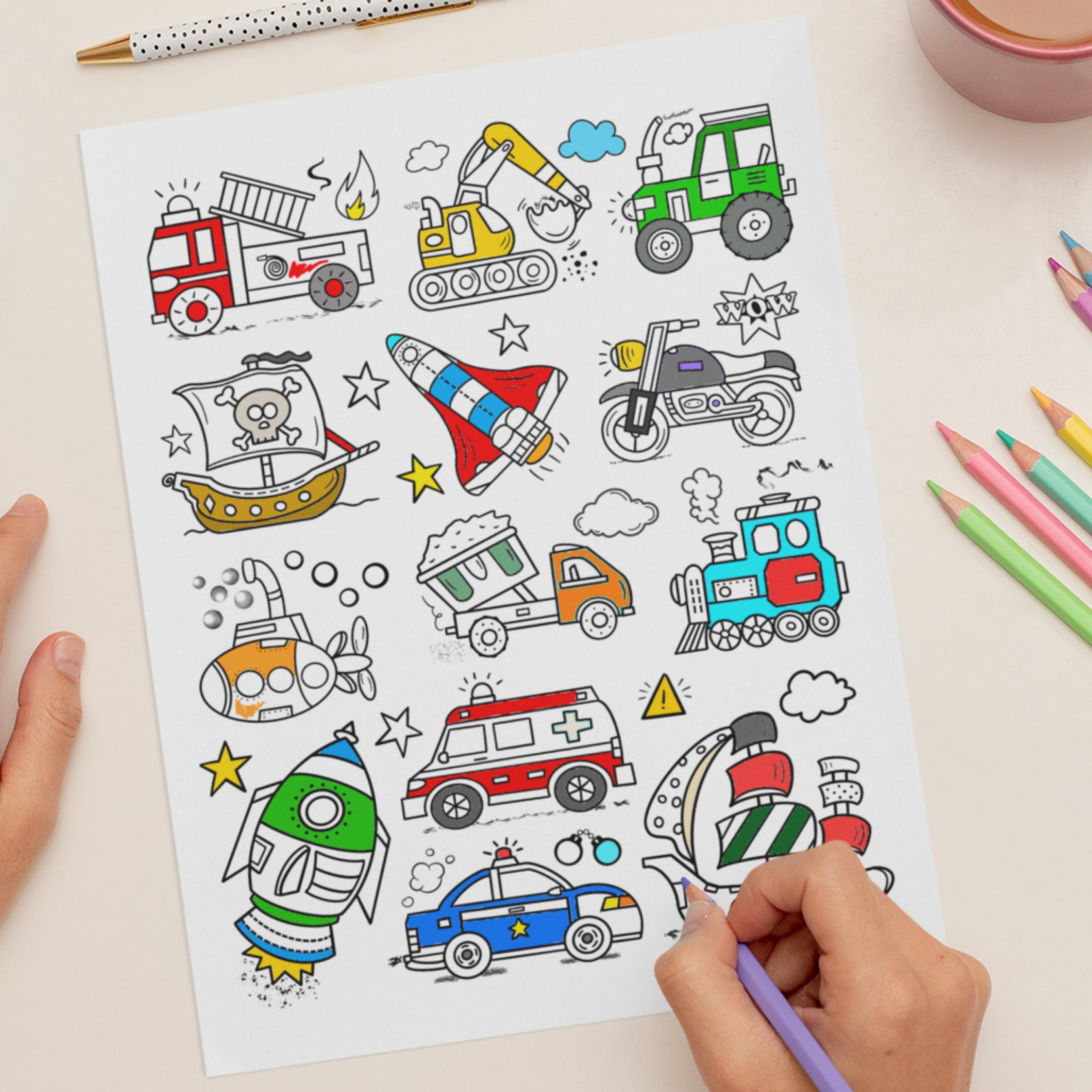 Vehicles Doodle Coloring Page Printable - Rocket, Truck, Boat ...