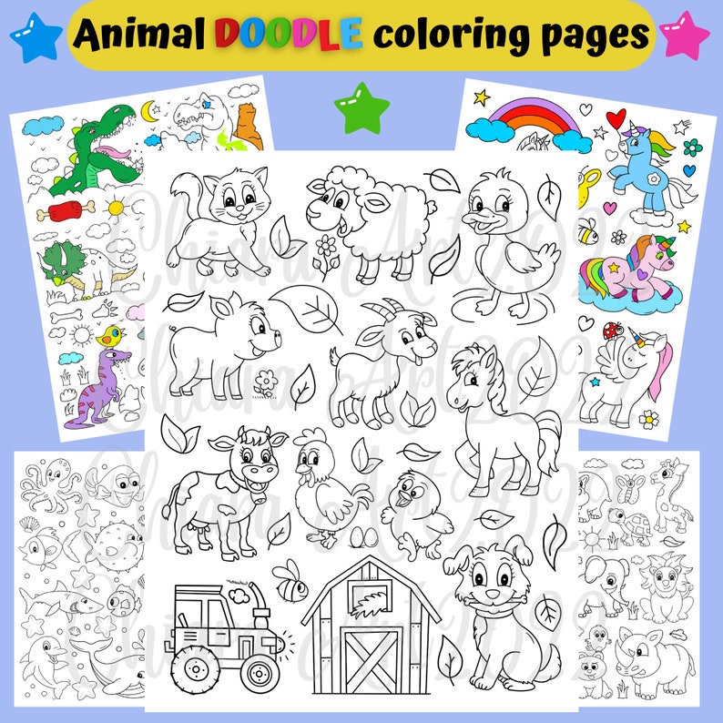 Animal Doodle Coloring Pages for Kids, Cute Animal Coloring Sheets ...