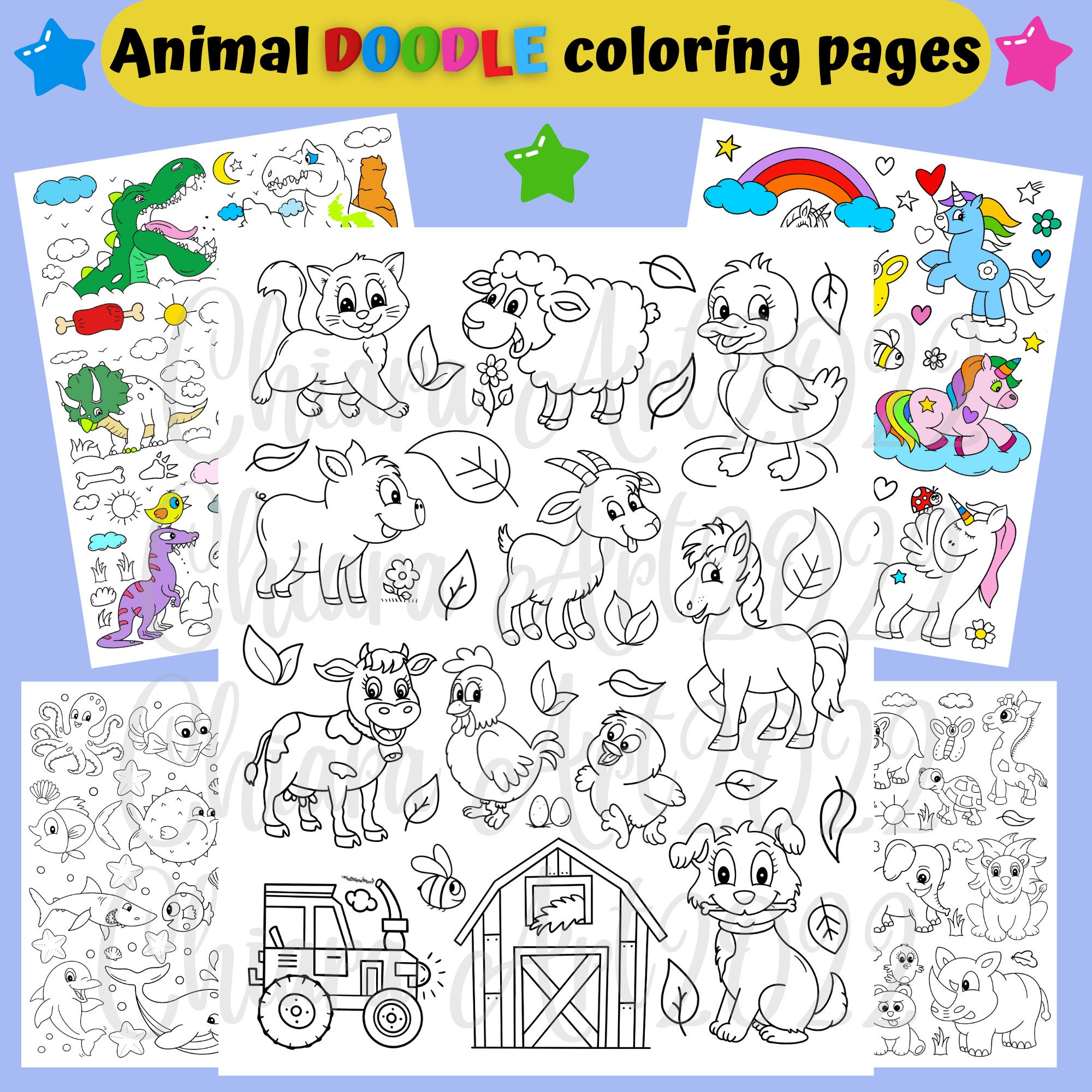 Animal Doodle Coloring Pages for Kids Cute Animal Coloring - Etsy