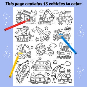 Vehicles Doodle Coloring Page Printable - Rocket, Truck, Boat ...