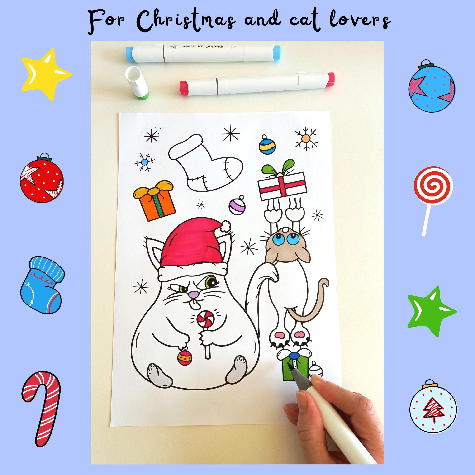 Christmas Cat Coloring Page Printable, Fun Holiday Cat Coloring Sheet ...