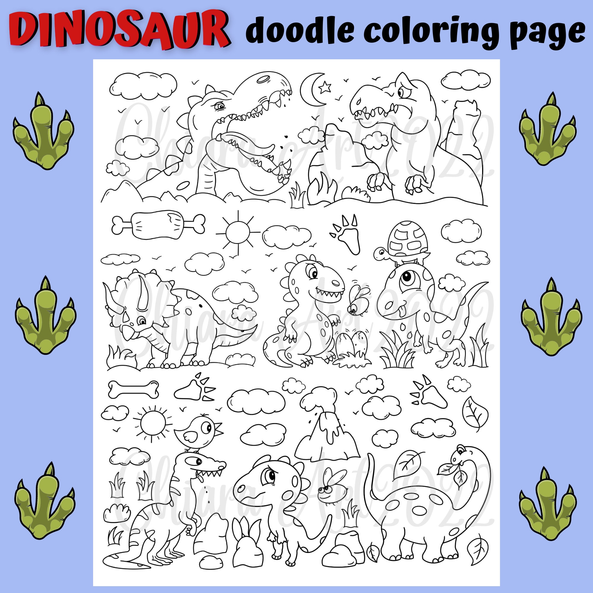 Dinosaur Doodle Coloring Page Printable, Cute Dinosaur Coloring Sheet ...