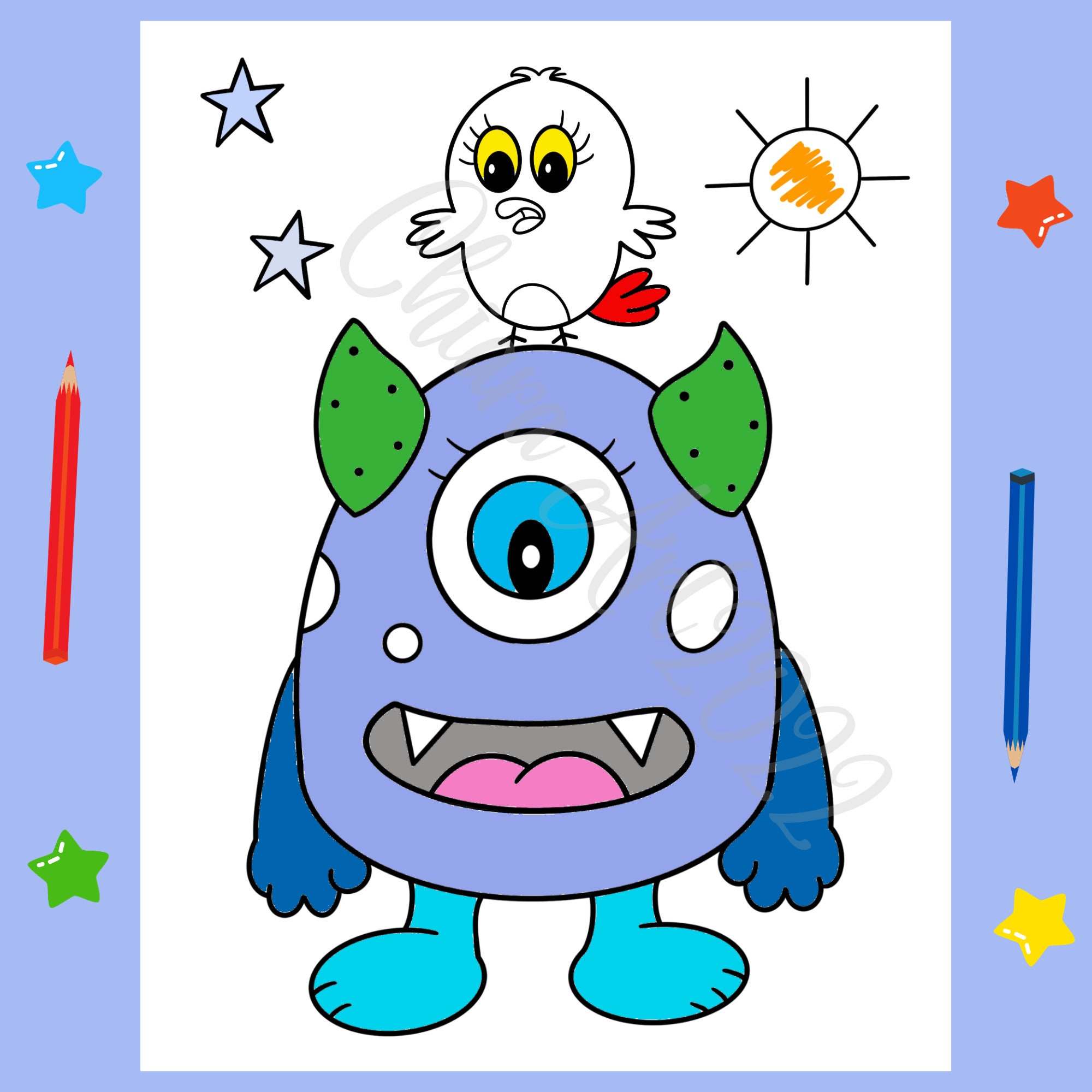 Friendly Monster Coloring Pages for Kids Easy Monster - Etsy