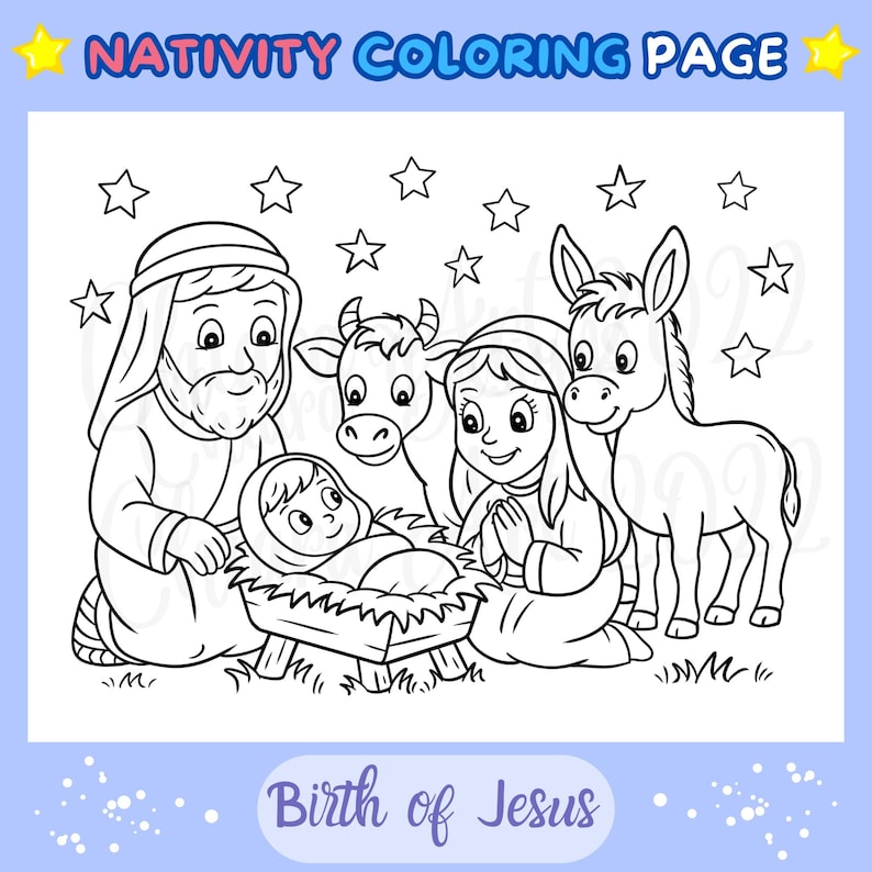 Nativity Coloring Page for Kids Printable, Baby Jesus Mary Joseph ...