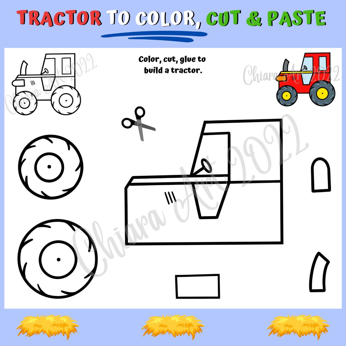 Tractor Cut and Paste Printable, Trailer Hay Craft, Farm Cut Out ...