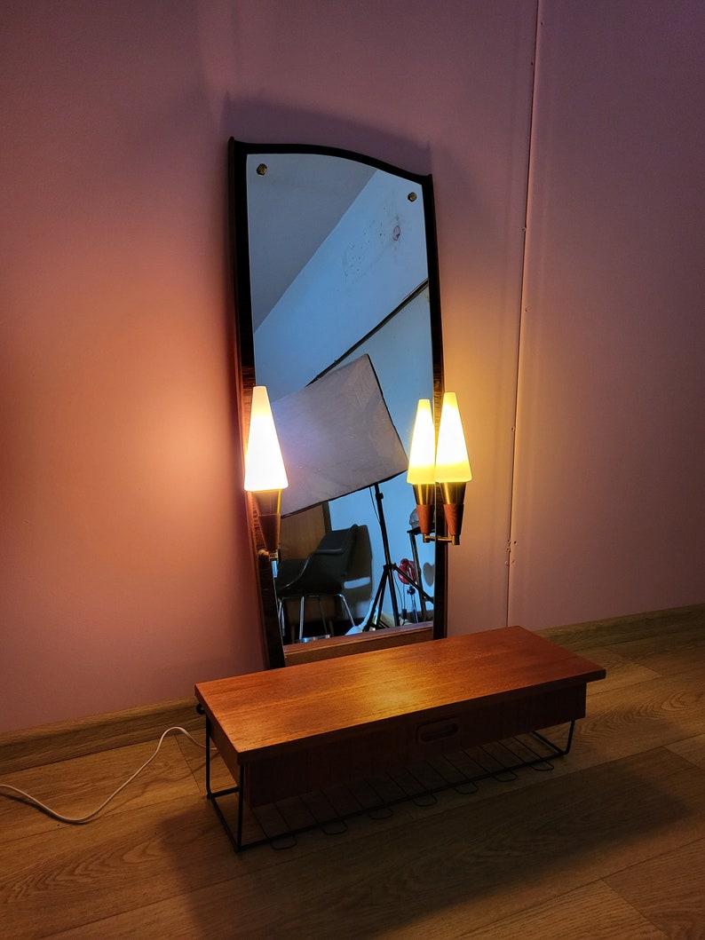 Mid Century Norwegian Teak Wall Mirror With Sconces From Lys&stil, Wall ...