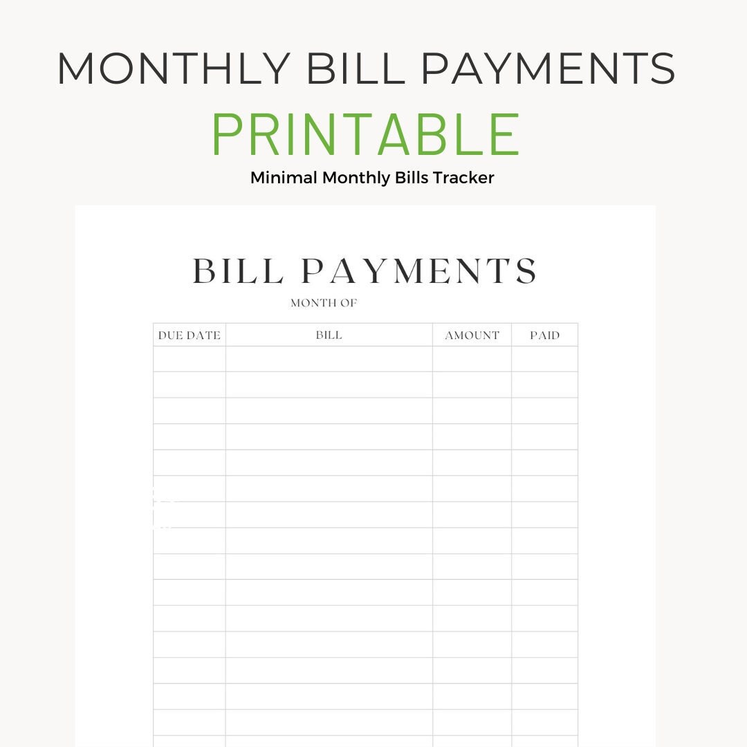 Bill Payments Tracker, Printable, Monthly Bills, Payments, Download - Etsy