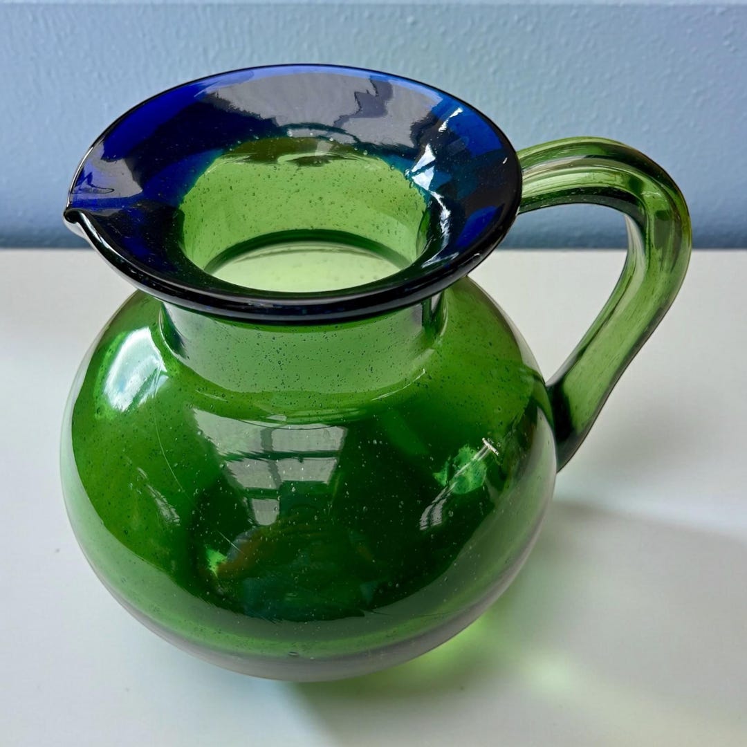 Vintage Green Bubble Glass Pitcher Jug With Blue Rim - Water Carafe ...