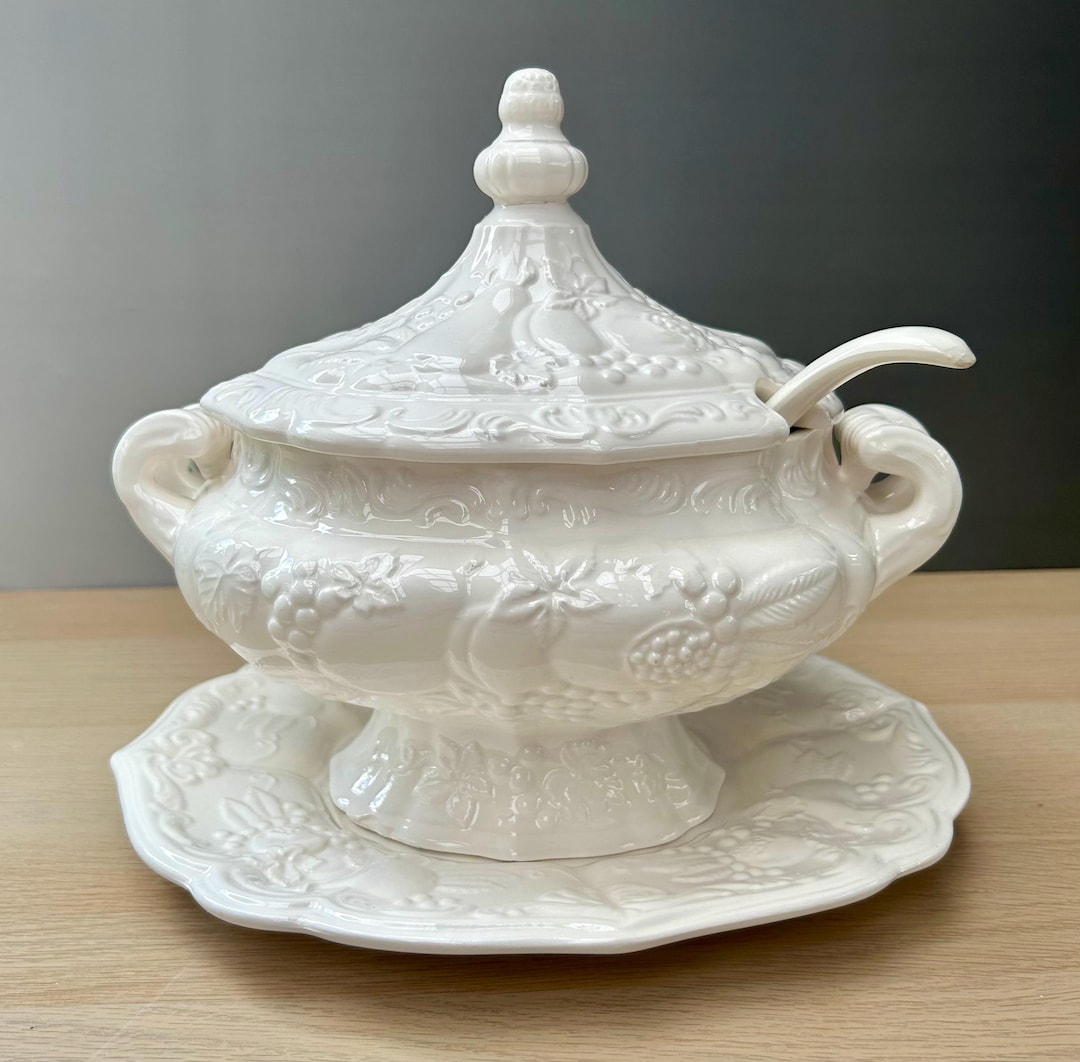 Vintage, 3pc, Ornate, White, Porcelain Soup Tureen Set With Ladle and ...