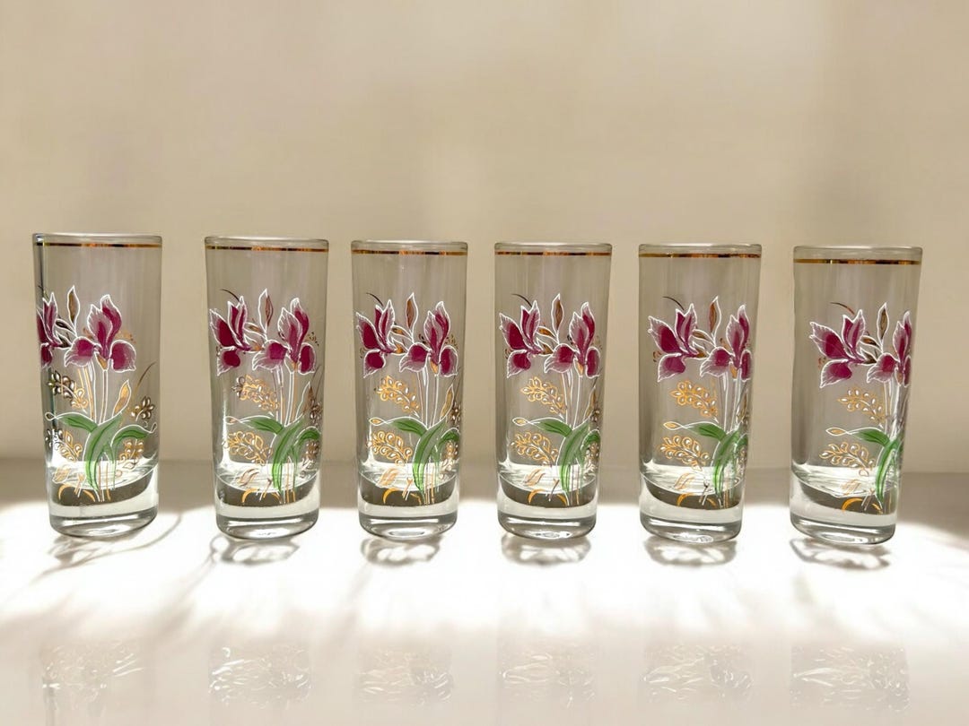 Vintage Italian Iris Shot Glasses Pink Purple Floral Drinkware Set of 6 ...