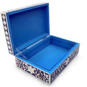 Handmade Bone Inlay Floral Design Jewelry Box Blue Color, Decorative ...