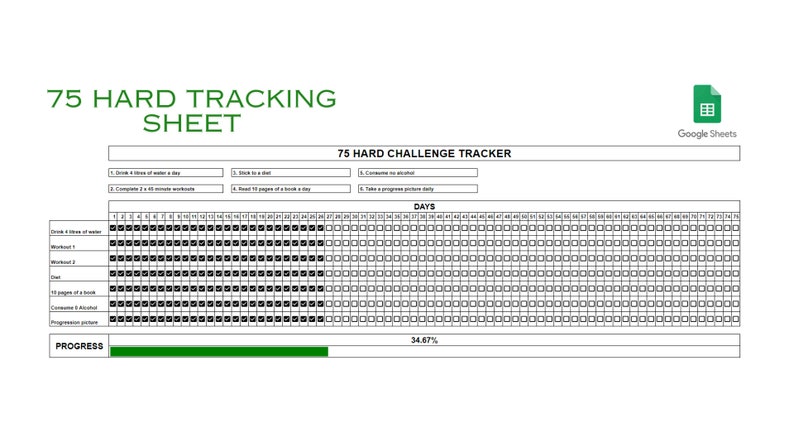 75 Hard Challenge Online Tracker | Google Sheet | Instant Access | 75 ...