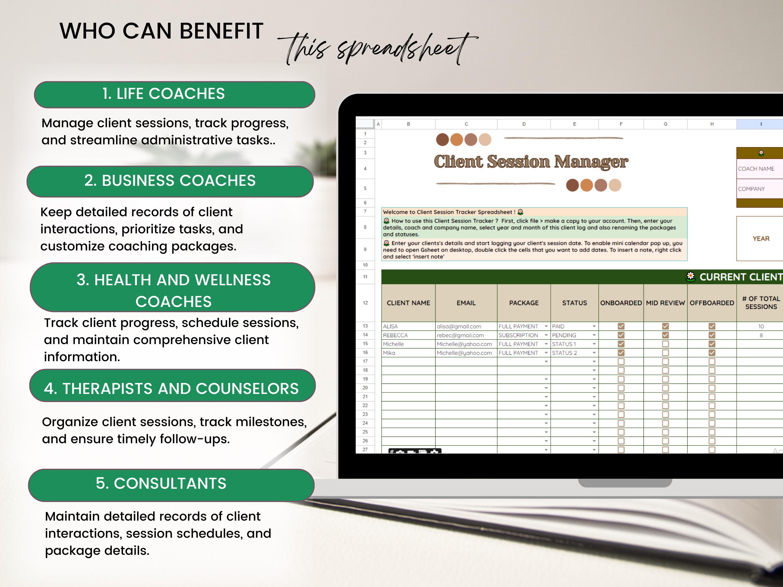 Client Session Tracker Spreadsheet, CRM, Client Management Google Sheets, Coach Spreadsheet ...