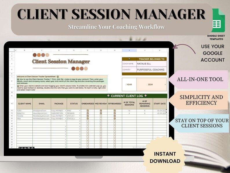 Client Session Tracker Spreadsheet, CRM, Client Management Google ...