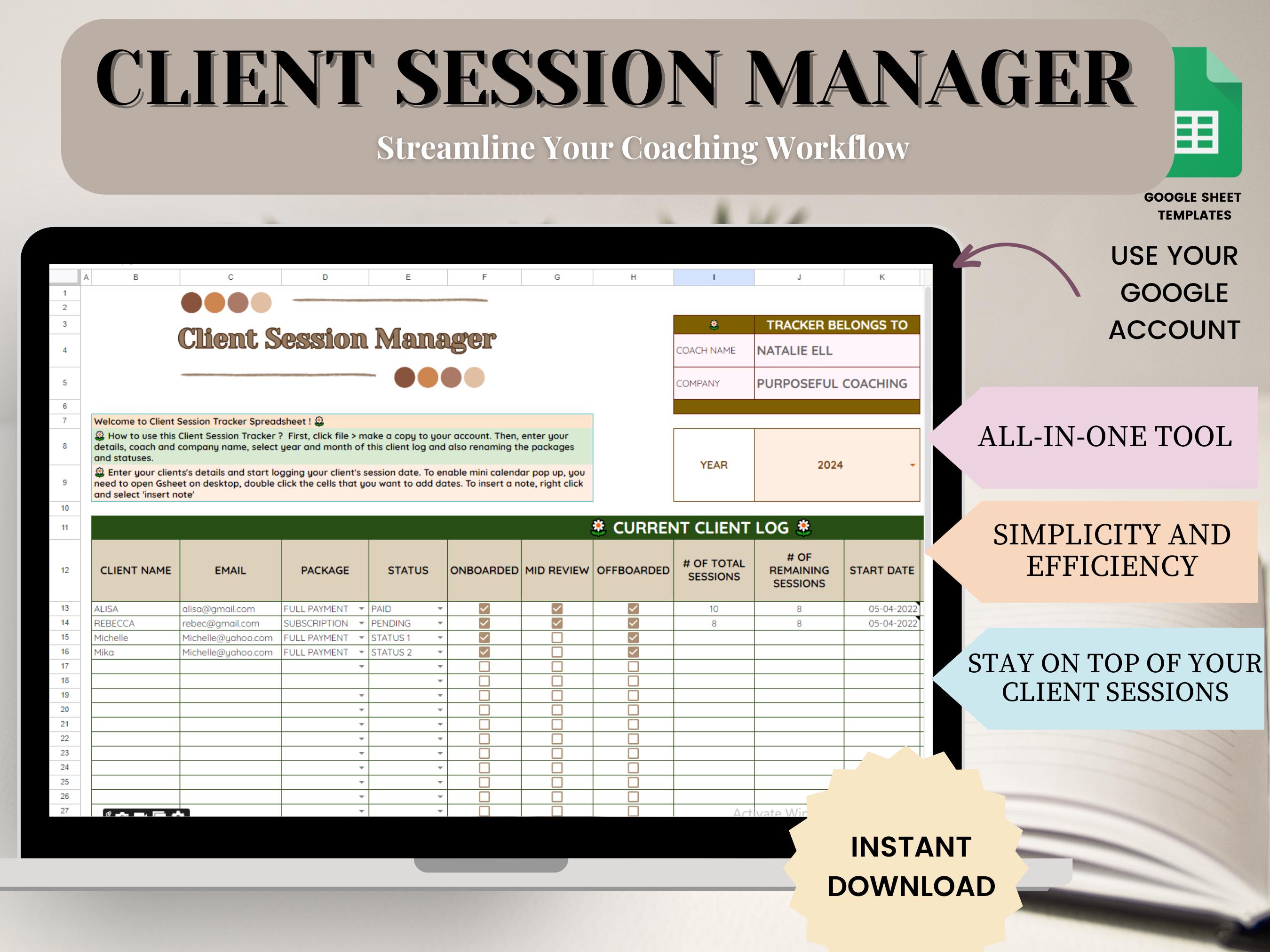 Client Session Tracker Spreadsheet, CRM, Client Management Google ...