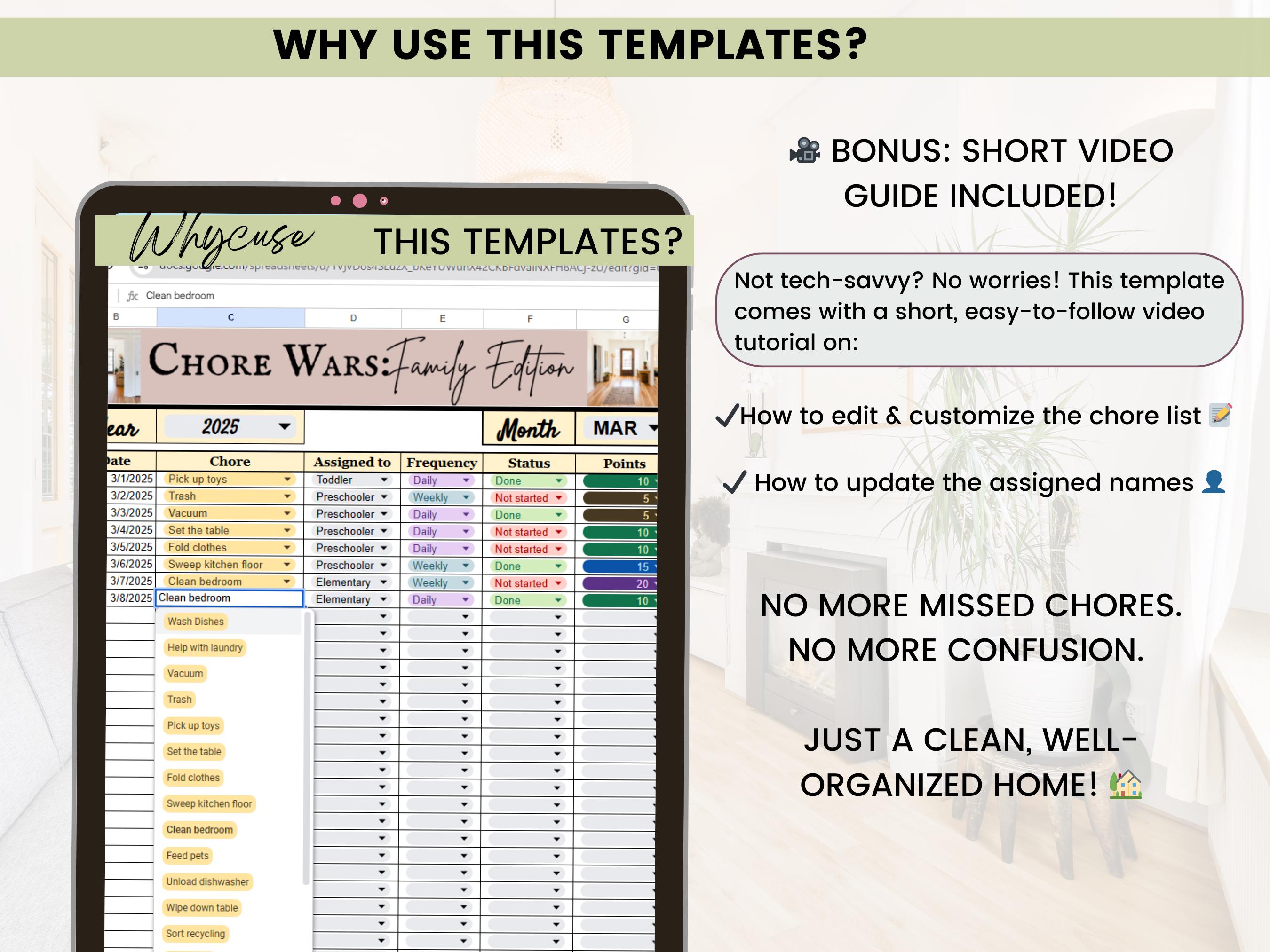 Household Chore Tracker | Chore Chart Spreadsheet & Task Organizer for ...