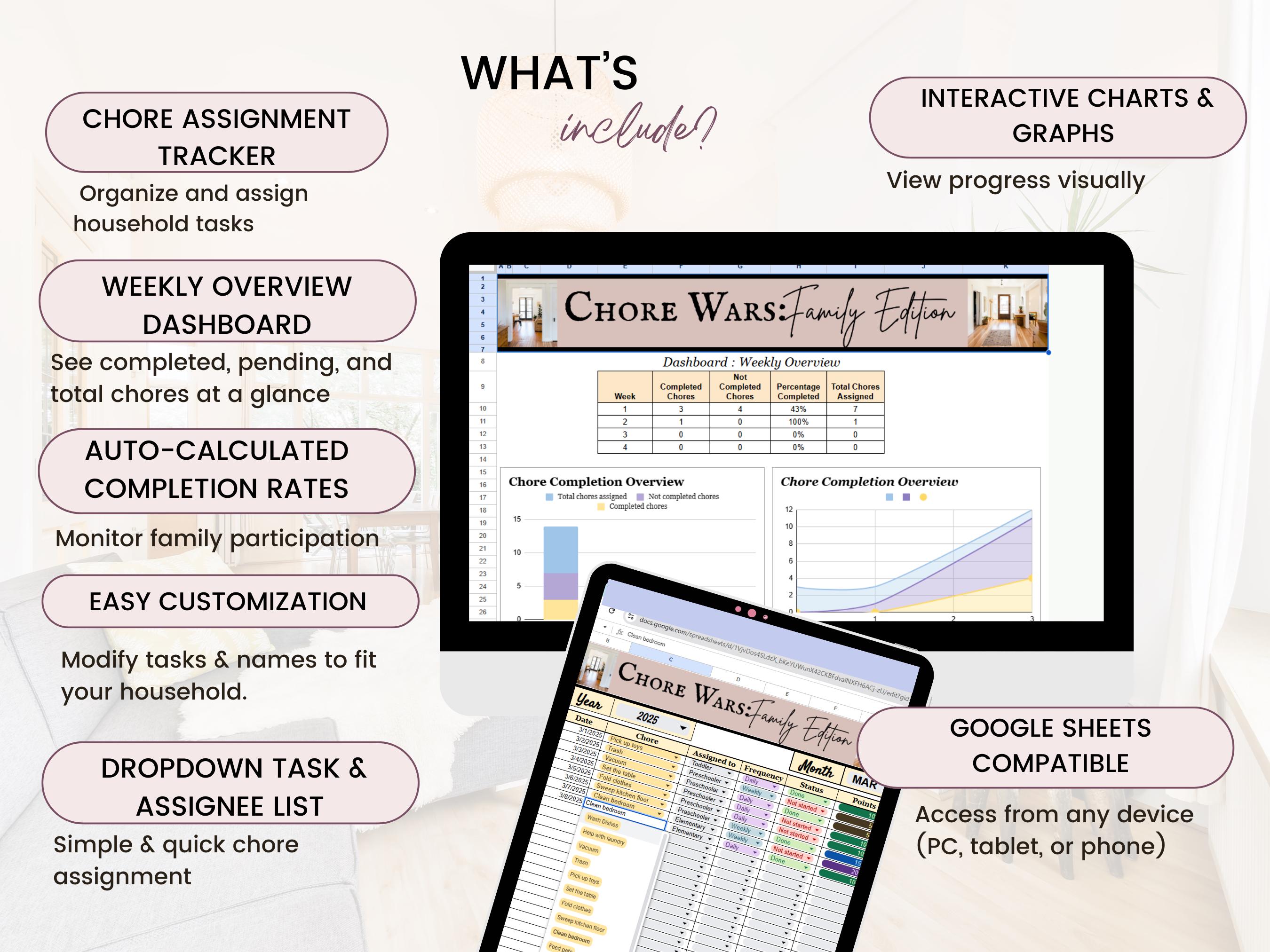 Household Chore Tracker | Chore Chart Spreadsheet & Task Organizer for ...