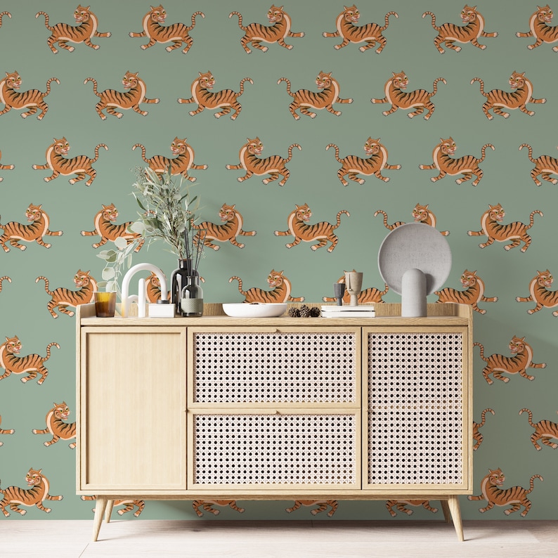 Traditional Tiger Wallpaper Aztec Tiger Sage Wallpaper - Etsy