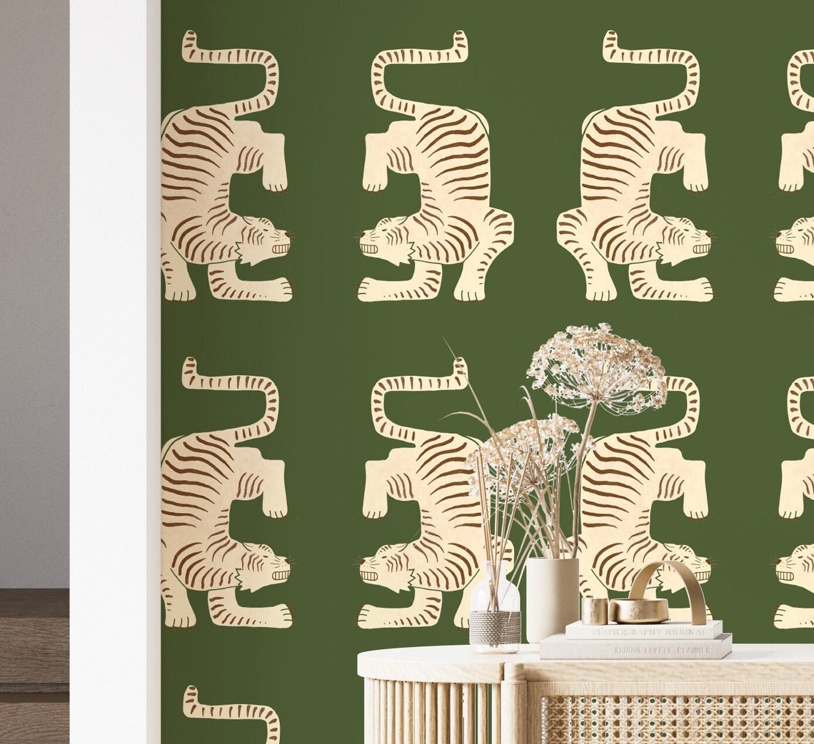 Peel and Stick Olive Green Tiger Wallpaper Aztec Tiger - Etsy